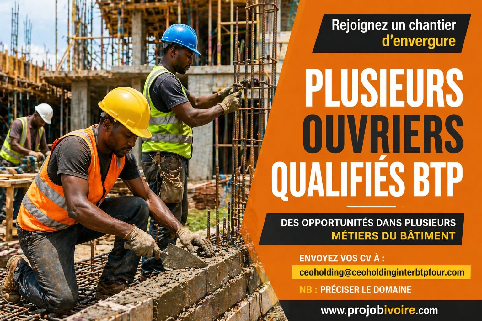 Plusieurs ouvriers qualifiés – BTP (Abidjan) | mai 2026 | Projobivoire